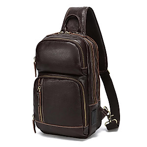 LANNSYNE Full Grain Leather Sling Bag For Men Crossbody Chest Daypack fits 10.5" iPad
