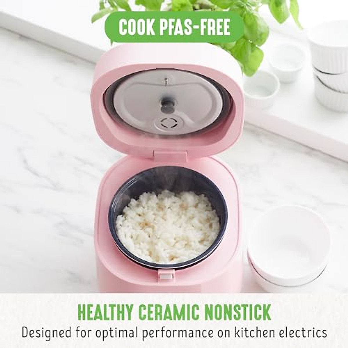 GreenLife PFAS-Free, 4-Cup Rice Beans Oats and Grains Cooker, Healthy Ceramic Nonstick, Easy to Use Automatic Presets, Dishwasher Safe Parts, Pink