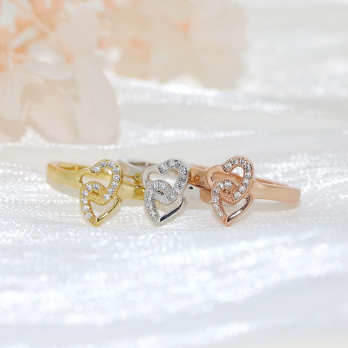 Useebest 925 Sterling Silver Double Heart Rings Love Knot Ring for Women Adorable Jewelry Gift Rings Cubic Zirconia Stackable Rings Eternity Bands Engagement Band for Women