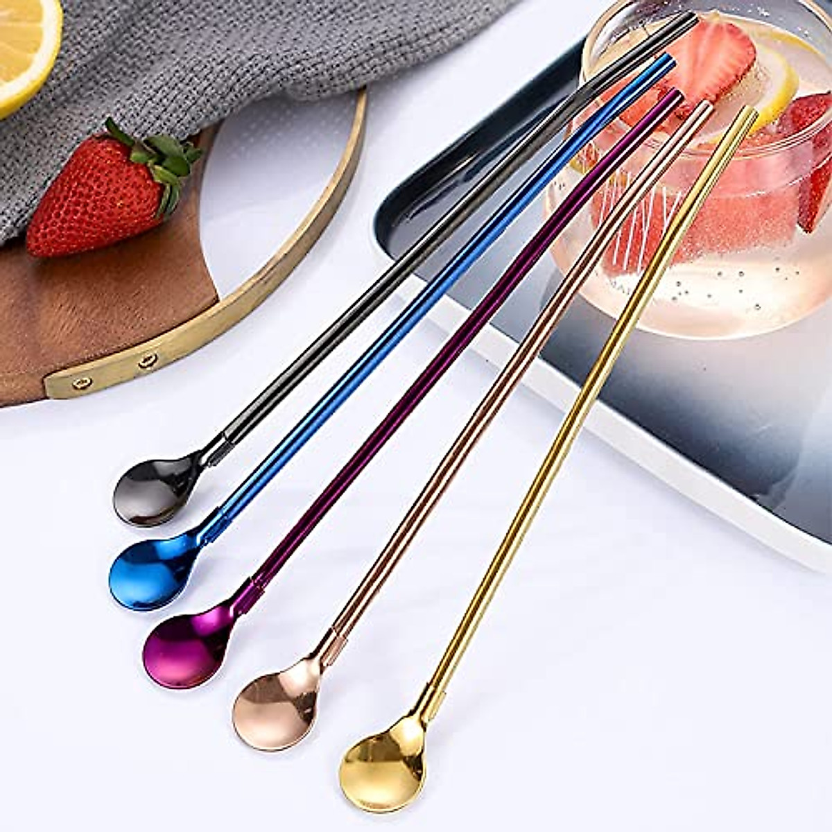 14Pcs Straws Spoon, BetterJonny Stainless Steel Drinking Spoon Straws 2 in 1 Long Handle Reusable Straws Spoon with 2 Cleaning Brushes for Latte Macchiato (7 Color)