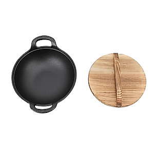 Cast Iron Wok with 2 Handle and Wooden Lid, Seasoned Cast Iron Wok Chinese Wok, Deep Frying Pan with Flat Base Uncoated for Stir Fry Grill Steam Authentic Asian Chinese Food (20cm)