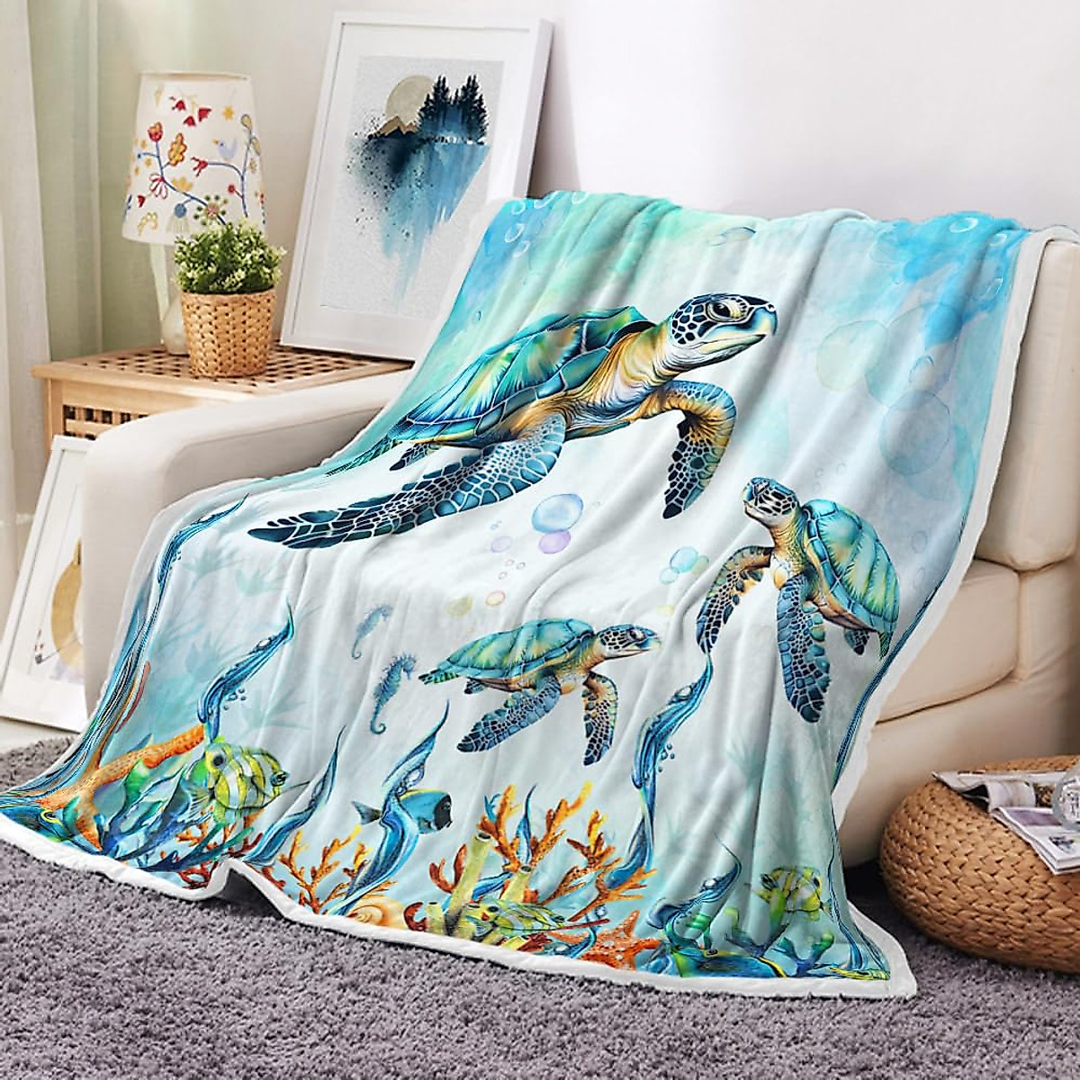 Turtle Blanket Sea Animal Starfish Throw Blanket Kids Blankets Throws Sea Turtle Gifts for Women Boys Girls Aqua Teal Blue Super Soft Cozy Flannel Throw Blanket for Couch Sofa Bed 50"x 60"