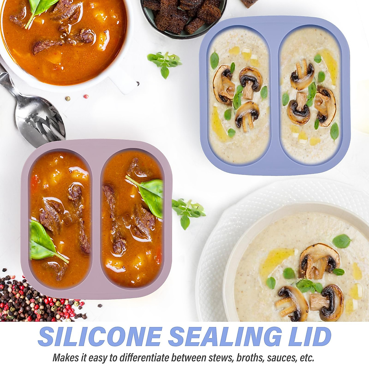 Mossime Silicone Soup Freezer Molds: 1 Cup Silicone Freezer Trays with Lid - 4 Packs Easy Release Soup Freezer Containers - 250ml 125ml Portion Large Cubes for Ice Soup (4, Blue/Purple)