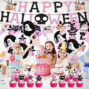 DPKOW Pink Halloween Party Decorations with Happy Halloween Banners, Cupcake Toppers and Balloons Pink and Black Halloween Decorations for Girls Kids Baby Shower Boo Day Birthday Party Supplies, 36Pcs
