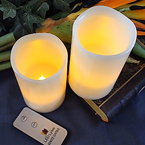 LED Lytes Remote Control Flameless Candle Set, 2 Fake Candles, 3 inches by 5 inches, Real Ivory Wax and Amber Flame, Halloween Decor, Large Battery Powered Pillar for Gifts for Mom