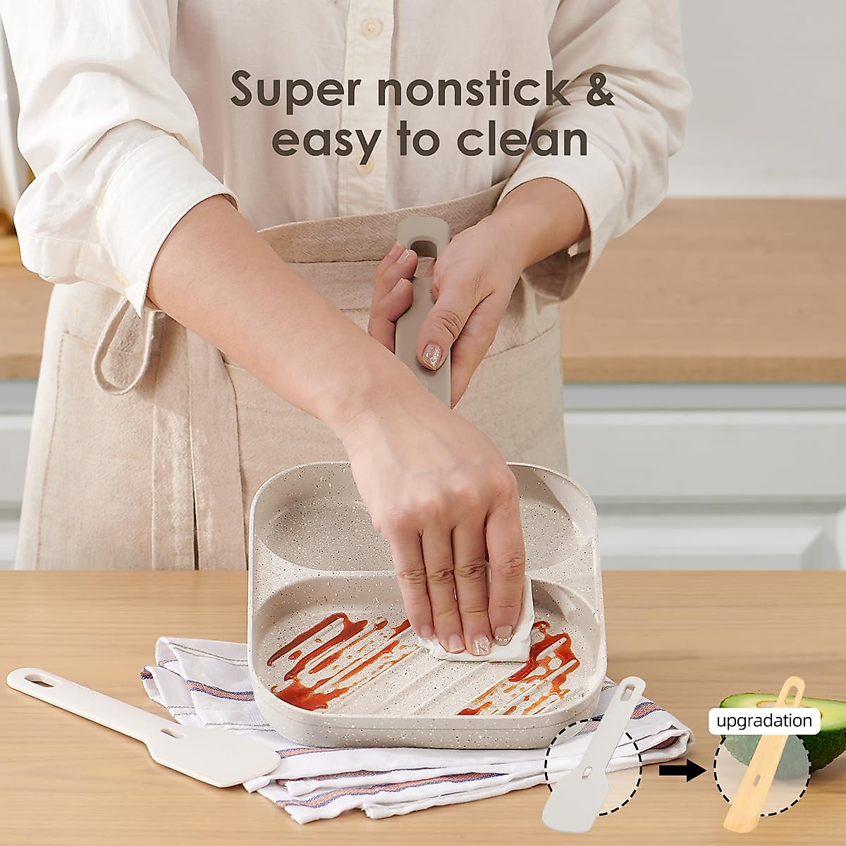 Taste plus Egg Pan Omelette Pan, Egg Frying Pan 3 Section, Nonstick Frying Pan for Breakfast, Compatible with Gas Stove & Induction Cookware, Light Grey