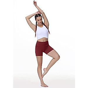 Dragon Fit High Waist Yoga Shorts for Women with 2 Side Pockets Tummy Control Running Home Workout Shorts (Large, Wine Red)