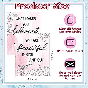 9 Pieces Inspirational Wall Decor Pink Floral Modern Art Motivational Pink Wall Decor Room Decor for Women Quote Wall Art Poster for Teen Girl Nursery Bedroom Bathroom Pictures, 8 x 10 Inch Unframed