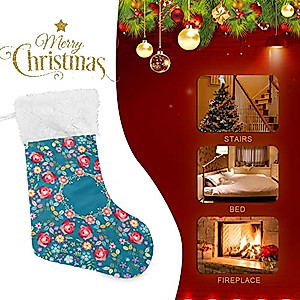 Kigai Christmas Stockings Navy Blue Flowers Large Candy Stockings Stuffers Kids Cute Xmas Sock Decorations 1PC for Home Holiday Party 12" x18"