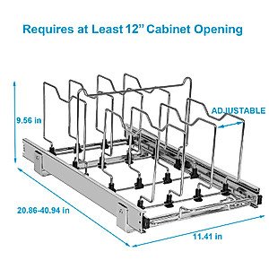 BBLHOME Pan and Pot Lid Pull Out Organizer,Cabinet Under Sliding Shelf with Adjustable Dividers,Cookware Organizer Rack for Kitchen,Pantry,11" W x 21" D x 9" H with Water Tray,Chrome
