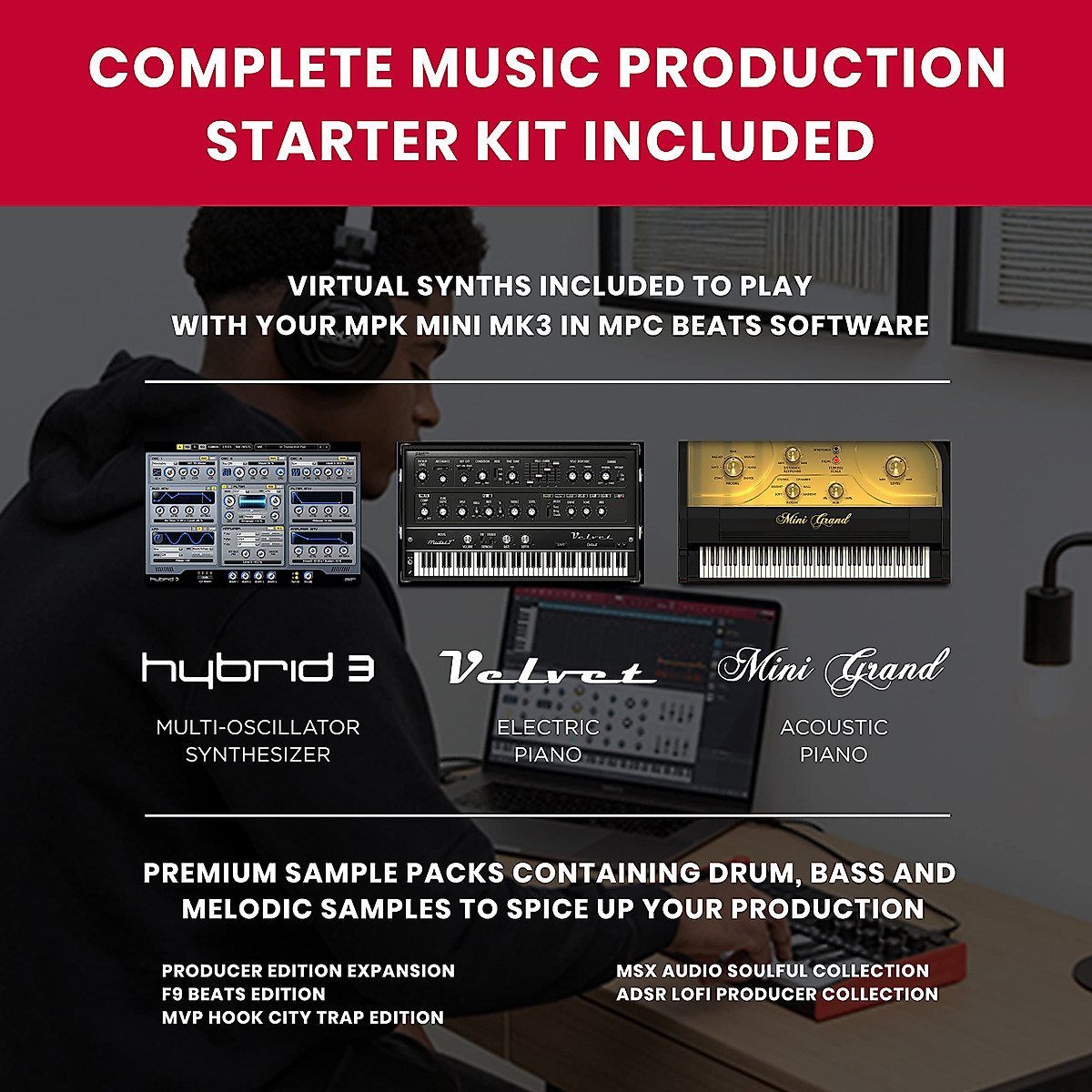 Akai MPK Mini MK3 MIDI Keyboard Controller + M-Audio SP2 Sustain Pedal, with MPC Beats and Software Suite – Beat Maker Bundle