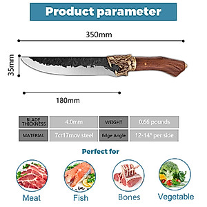 Purple Dragon Meat Cleaver Hand Forged Chef Knives Sharp Boning Knives Butcher Knife with Leather Bag and Gift Box German Steel 7Cr17Mov 7 inch for Kitchen Outdoor BBQ Camping Tactical