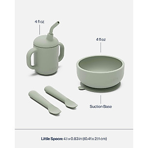 Lalo First Bites Silicone Baby Feeding Set - Baby Led Weaning Supplies - Non-Toxic Silicone - Includes 2 Spoons, Training Cup, & Suction Bowl - 4 Pieces - Sage
