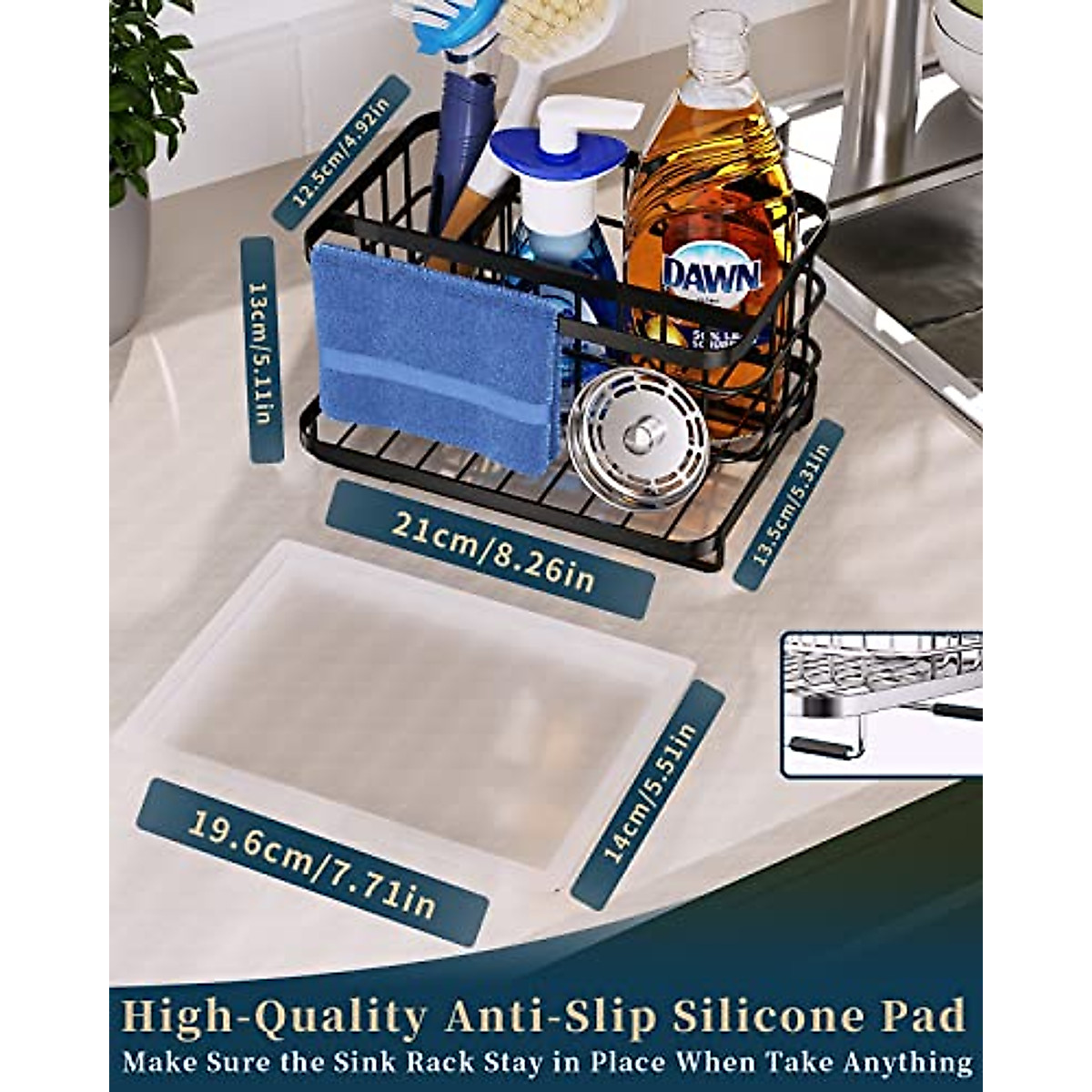 Consumest Sponge Holder Kitchen Sink Caddy Organizer, kitchen sink organizer with Drip Tray for Countertop, SUS304 Stainless Steel Rustproof Soap Sponge and Dish Brush Holder - Black