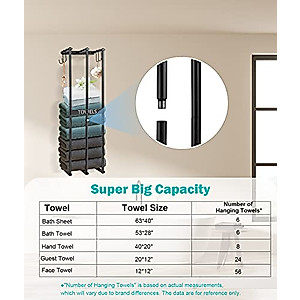 KOCWELL Towel Racks for Bathroom Wall Mounted, 3 Bar Bathroom Towel Holder with Extra 4 Suction Cups and 5 Hooks, Bathroom Towel Storage, Metal Bath Towel Holder for Large Towel Washcloths, Black