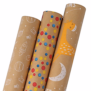 BIOBROWN Wrapping Paper Rolls with Tags and Jute String -Giraffe Designs for Birthday,Holiday, Baby Shower Packing -3 Rolls-17 inch X 10 feet Per Roll