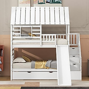 EOVTK Twin Over Twin House Bunk Bed with Trundle and Slide, Wood House Bunk Bed Frame with Storage Staircase, Roof and Window for 3 Kids Boys Girls, White