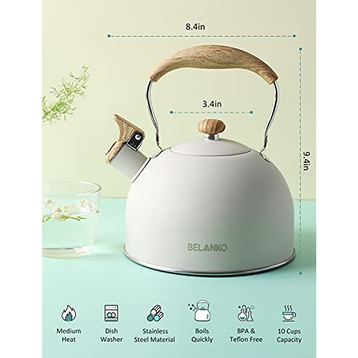 Tea Kettle, BELANKO 85 OZ / 2.5 Liter Whistling Tea Kettle Pots for Stove Top Food Grade Stainless Steel with Wood Pattern Folding Handle, Loud Whistle for Tea, Coffee, Milk - Milk White