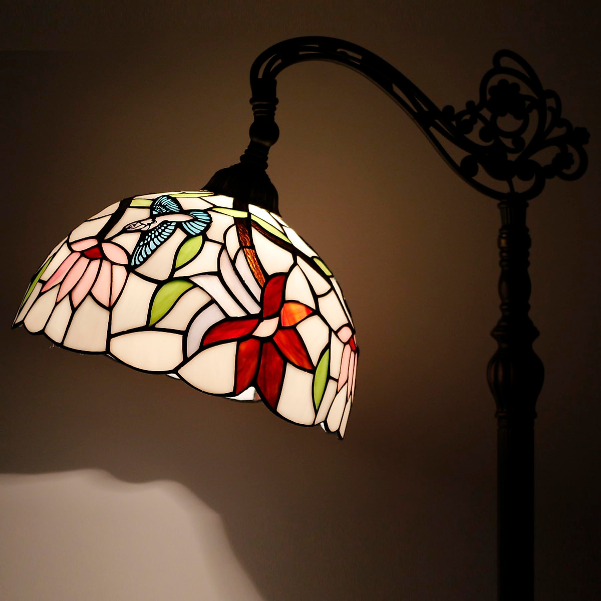 WERFACTORY Tiffany Floor Lamp Hummingbird Flower Stained Glass Arched Lamp 12X18X64 Inches Gooseneck Adjustable Corner Standing Reading Light Decor Bedroom Living Room S801 Series