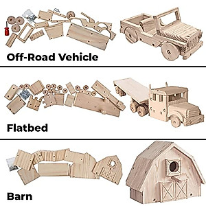 Kraftic Woodworking Building Kit for Kids and Adults, Set of 3 Educational DIY Carpentry Construction Wood Model Kit Toy Projects for Boys and Girls - Off-Road Vehicle, Flatbed Truck, Barn Birdhouse