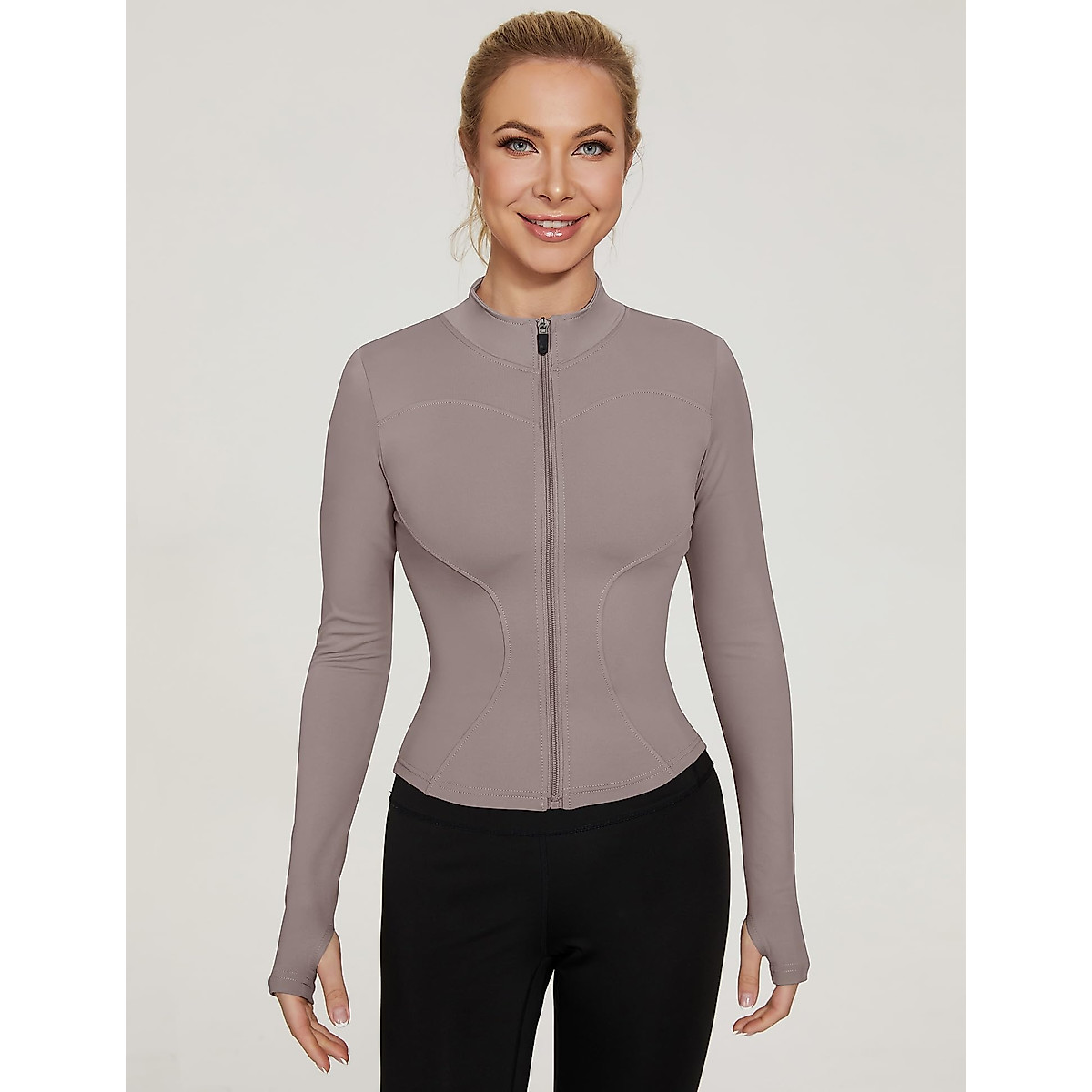 LUYAA Women's Workout Jackets Lightweight Zip Up Yoga Jacket Cropped Athletic Slim Fit Tops Lunar Rock M