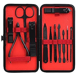ZIZZON Manicure set Personal Care, Nail Clippers Set, Professional Pedicure set Grooming kit 12 in 1 Gift for Men Husband Boyfriend Parents and Women Elder Patient Nail Care (Black-red)