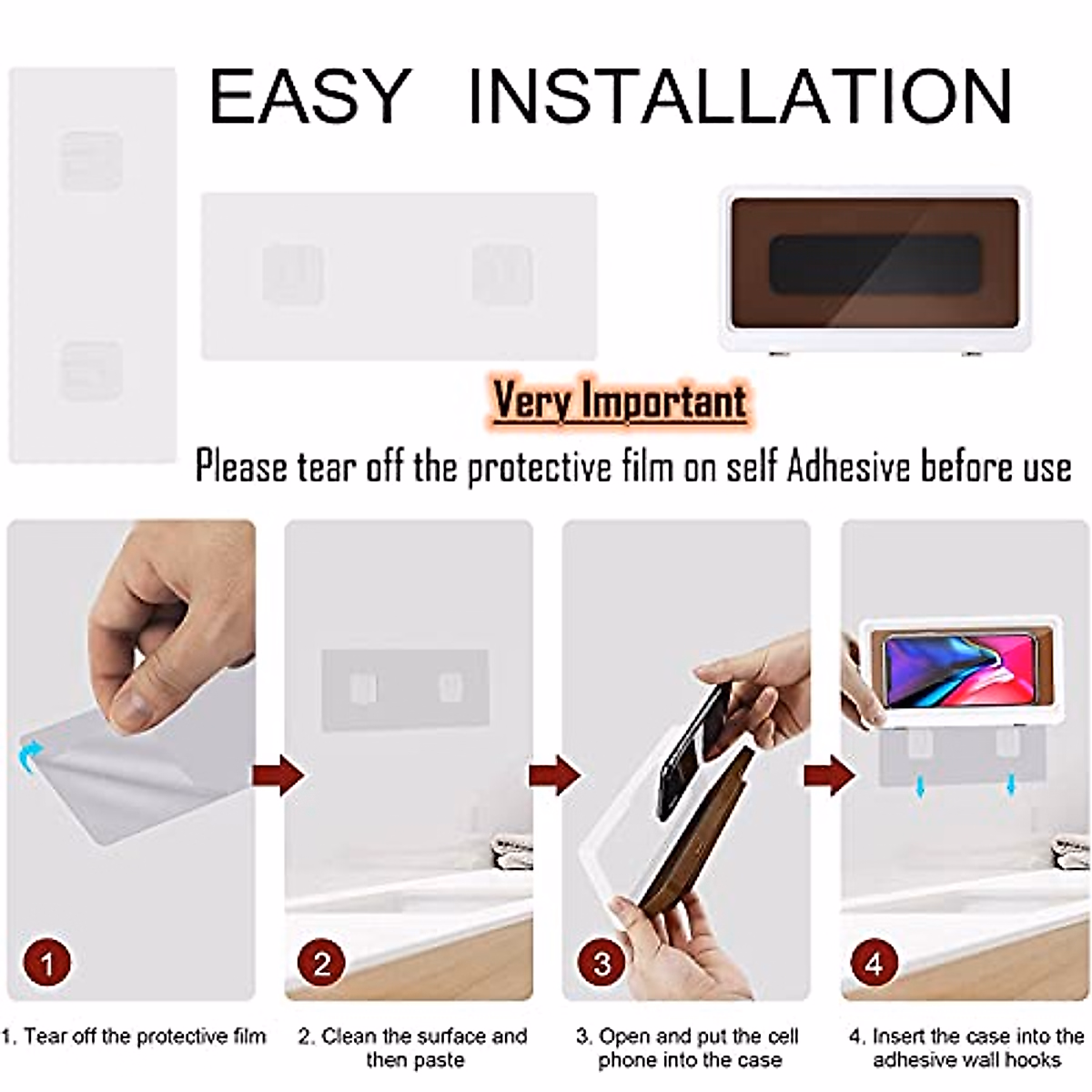 ABHILWY Shower Phone Holder Waterproof Wall Mount, Bathroom Case Mounted Shelf Stand Suction Cup, Adhesive Touchable Phone Cradle with Glass Mirror Anti-Fog Screen for Bathtub Kitchen White