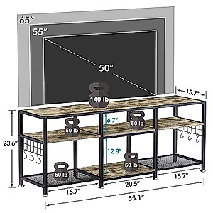 VECELO TV Stand for Televisions up to 65 Inch, Industrial Entertainment Center with 3-Tier Open Storage Shelves& Hooks for Living, Bedroom and Gaming Room, 55 Inch, Grey