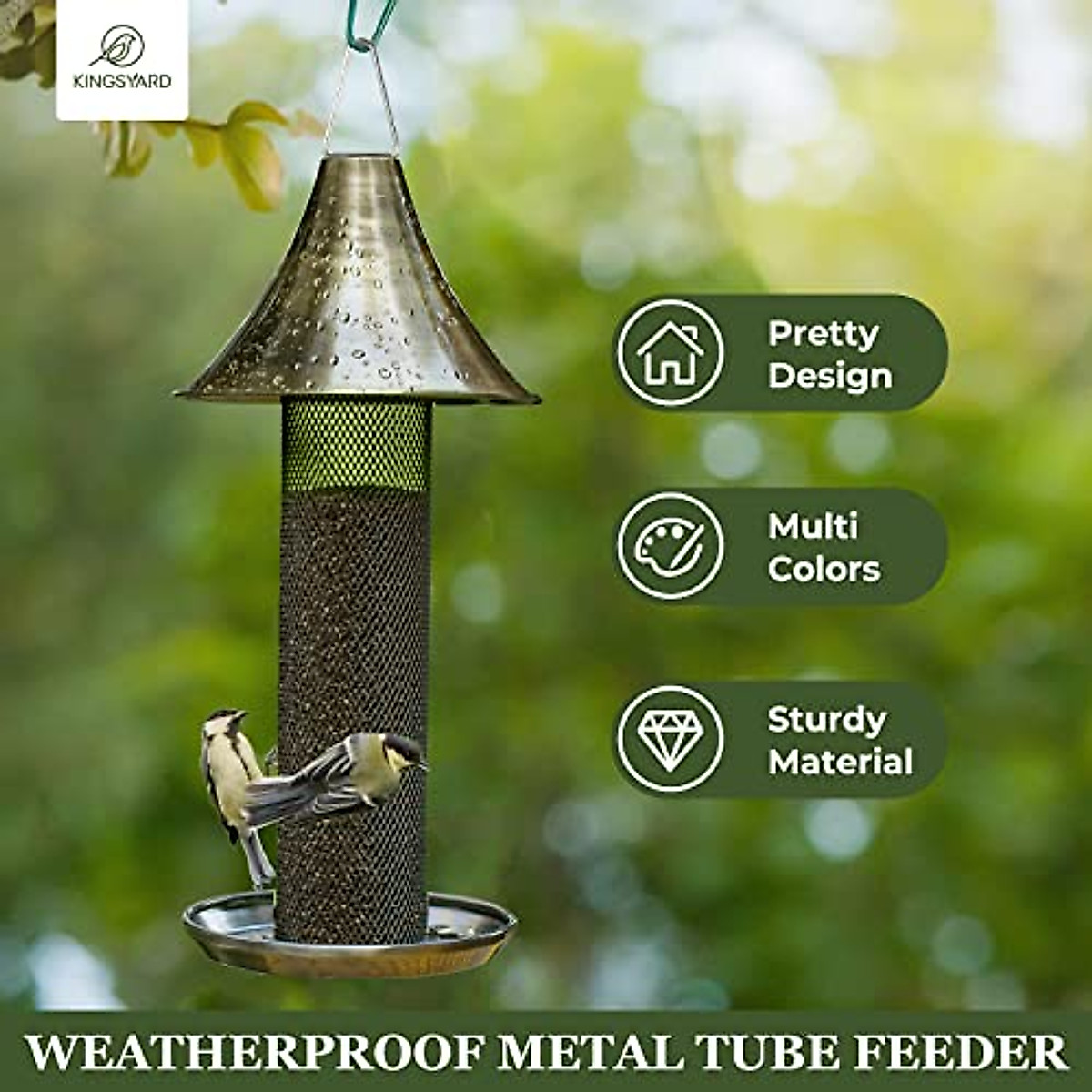 Kingsyard Metal Finch Bird Feeders for Outside, Hanging Tube Mesh Feeder for Nyjer/Thistle, 3 lbs Seed Capacity, Weatherproof, Great for Attracting Wild Bird, Brushed Bronze