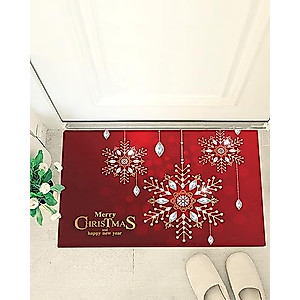 Indoor Doormat Merry Christmas Snowflake Glow Diamonds,Shaggy Floor Mat with Non-Skid Backing Dots Shadow Red Back,Machine Washable Plush Area Rug Carpets for Kitchen Nursery Bedroom