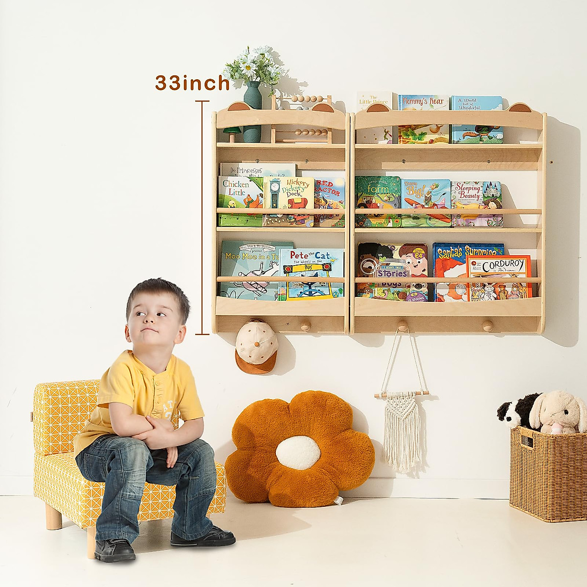 kidi house Wall Bookshelf Wooden Kids Bookshelf 3-Tier Floating Nursery Book Shelves for Kids Room Birch Hanging Toddler Bookshelf Montessori Bookshelf for Baby Room Playroom Living Room (Wide)