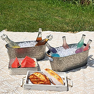 2 Pack Farmhouse Metal Galvanized Beverage Tub, Beer, Wine, Ice Holder - Ice Buckets for Parties,1.45 Gallons Rustic Vintage Storage Oval Bucket Bin - Galvanized/Cutout Handle with PE Rattan