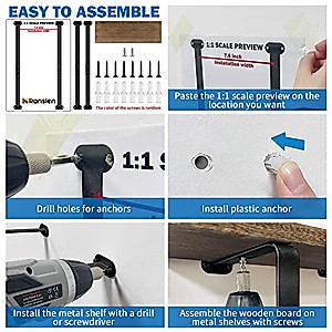 Ranslen Towel Racks Organizer for Bathroom Wall Mounted,Metal Towel Holders with Wooden Shelf and 2 Hooks,Black Storage Organizer for Large/Small Towels,Hand Towels,Washcloths,Spa,RV,Matte Black