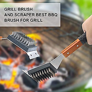 M.P.I cooper Grill Cleaning Brush and Scraper, Best BBQ Wire Bristles Brush for Grill Cleaning, Long Wooden Rubber Handle for Comfortable Safe and Strong Grip with Bottle Opener Tool
