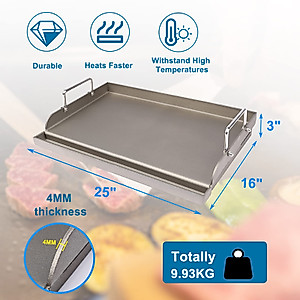 Griddle for Gas Grill, Metal Flat Top Griddle Insert for Outdoor Gas Grill, 25" x16" Cooking Skillet Plate Pan Teppanyaki for Charcoal/Electric Grills Fits Camping Outdoor Tailgating Parties Grilling