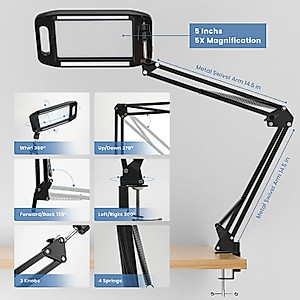 5X Magnifying Glass with Light and Stand, HAMOPY Magnifier Lamp with 2 Color Modes Stepless Dimmable, LED Magnifying Lamp with Clamp Light & Swivel Arm for Workbench Reading Repair Crafts