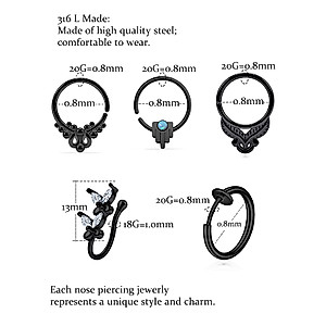 8Pcs 20G Nose Rings Hoop Chain Piercing Surgical Steel Fake Faux Nose Septum Ring Jewelry for Women Crystal Leaf Butterfly Rook Helix Cartilage Daith Piercing Jewelry,Black Nose Clip 8mm Cuffs