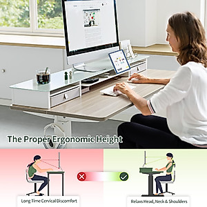 FEZIBO Electric Standing Desk with Glass Top Monitor Stand,55 x 26 Inch Adjustable Sit Stand Up Table with Double Drawer, Sit Stand Desk with Storage Shelf, White Frame/Light Walnut Top