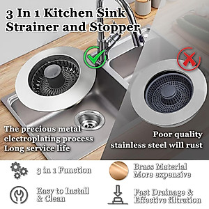 BAOLSLS 3 in 1 Kitchen Sink Stopper, Pop Up Kitchen Sink Drain Strainer, with An Extra Basket Strainer, Kitchen Sink Drain Stopper for US Standard 3-1/2 Inch, Brass Material Electroplate Silver