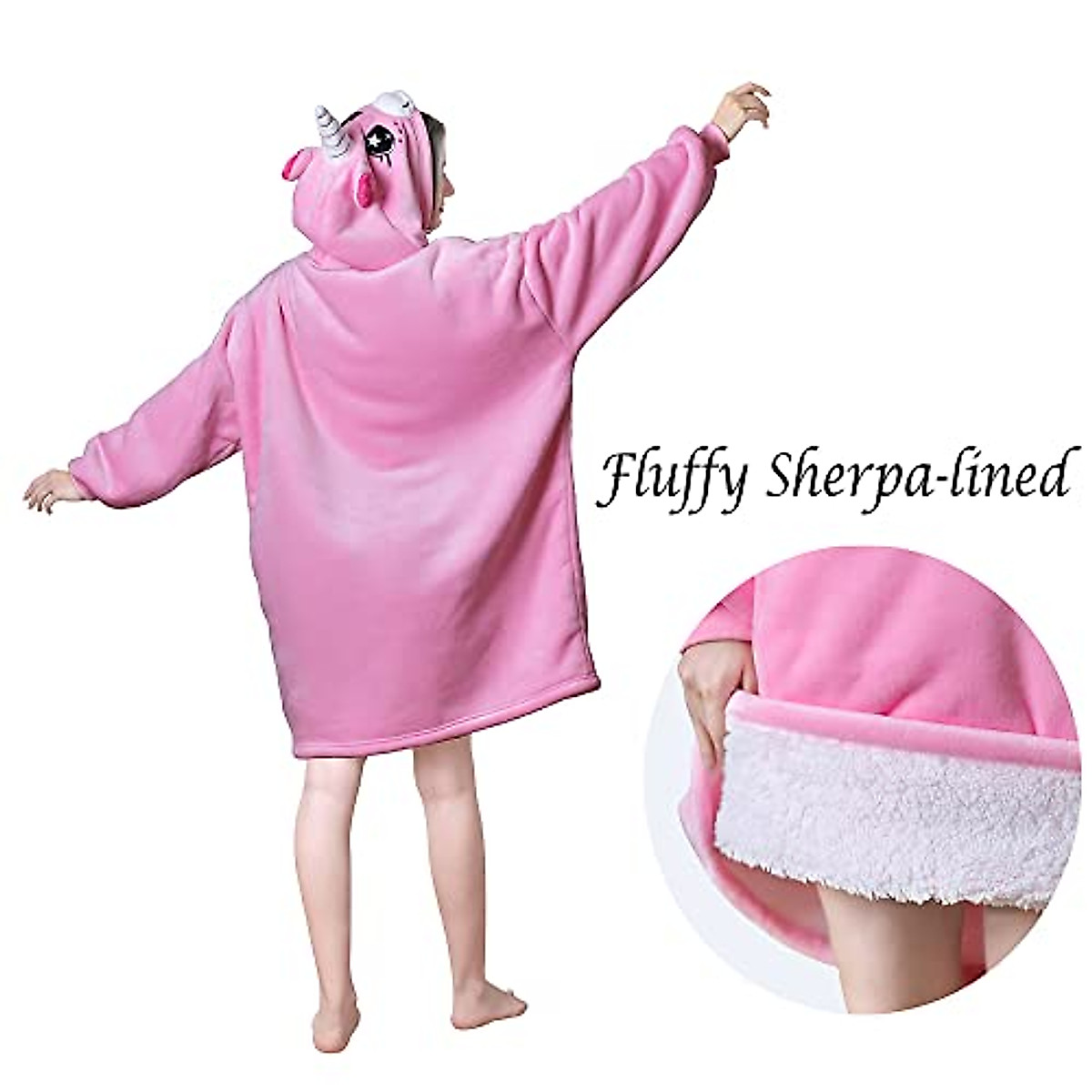 Queenshin Pink Unicorn Oversized Hoodie Wearable Blanket for Womens Girls, Kawaii Adults Comfy Sherpa Hoody Sweatshirt Robe with Ears, One Size