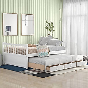 Rhomtree Storage Full Size Bed with Twin Trundle and Drawers Wood Daybed Captain’s Bed Bedroom Furniture for Kids Teens Guests (Full White)