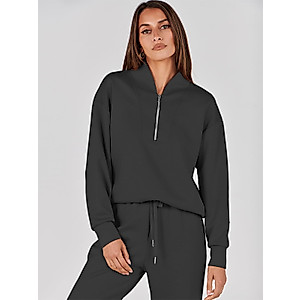 ANRABESS Women's 2 Piece Outfits Sweatsuit Half Zip Sweatshirt Jogger Sweatpant Trendy 2025 Fall Lounge Set Tracksuit Clothes Black Large