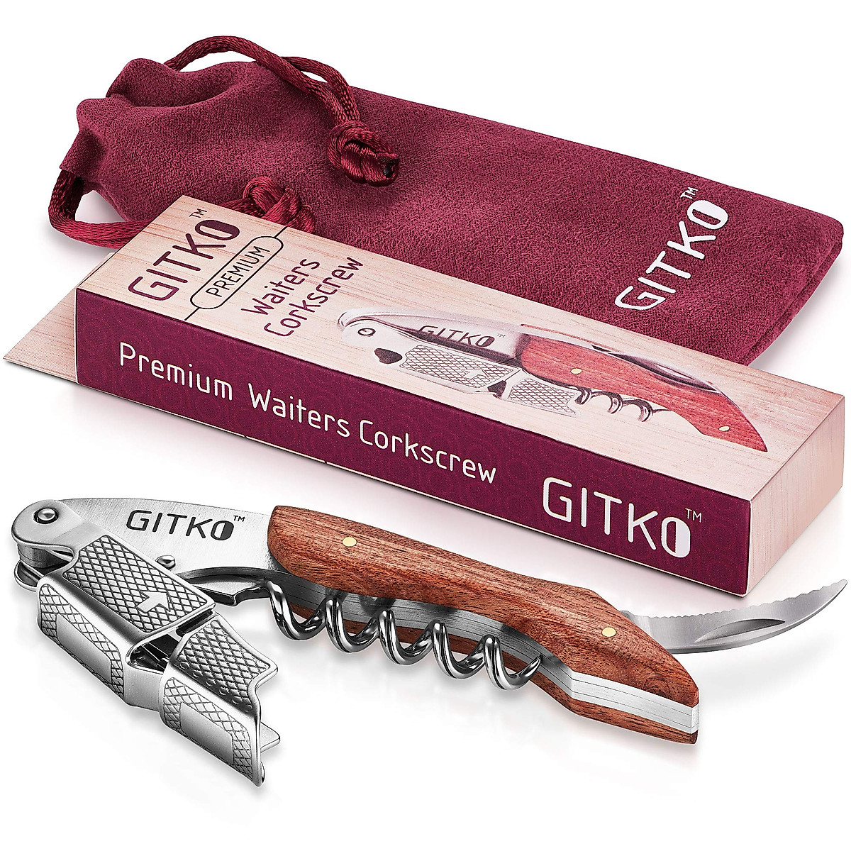 Wine Opener & Waiters Corkscrew-With a Comfortable Rosewood handle – Wine And Beer Bottle Opener For Bartenders, Waiters, –With A Wine Key Foil Cutter - With a Nice Pouch Included