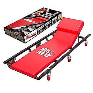 BIG RED TR6452 Torin Rolling Garage/Shop Creeper: 40" Padded Mechanic Cart with Adjustable Headrest and 6 Casters, Red
