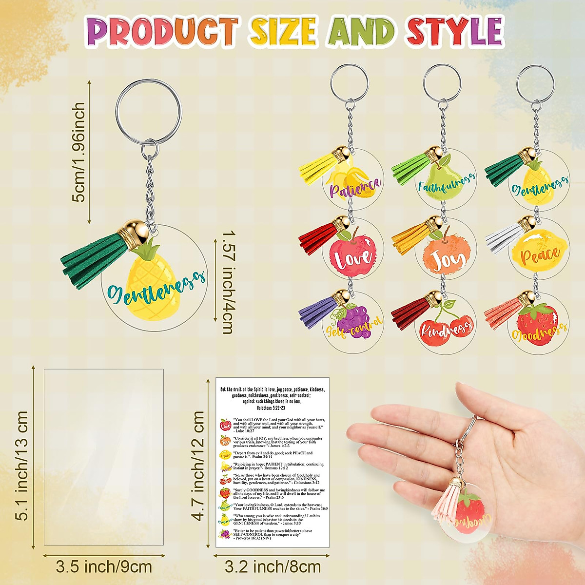 Landical 27 Sets Christian Bulk Gifts Fruits Bible Verse Keychain with Cards Spirit Week Accessories Gifts for Church Sunday School