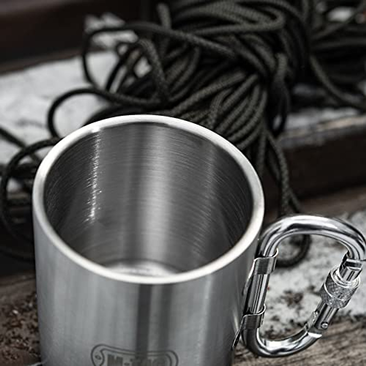 M-Tac 9.5oz Insulated Thermal Cup Mug - Double Wall Stainless Steel Thermo Tumbler with Collapsible Carabiner Handle - No Lid