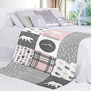 Personalized Patchwork Woodland Bear Reindeer Blanket with Name Text Custom Super Soft Fleece Throw Blankets for Couch Sofa Bed 50 X 60 inches