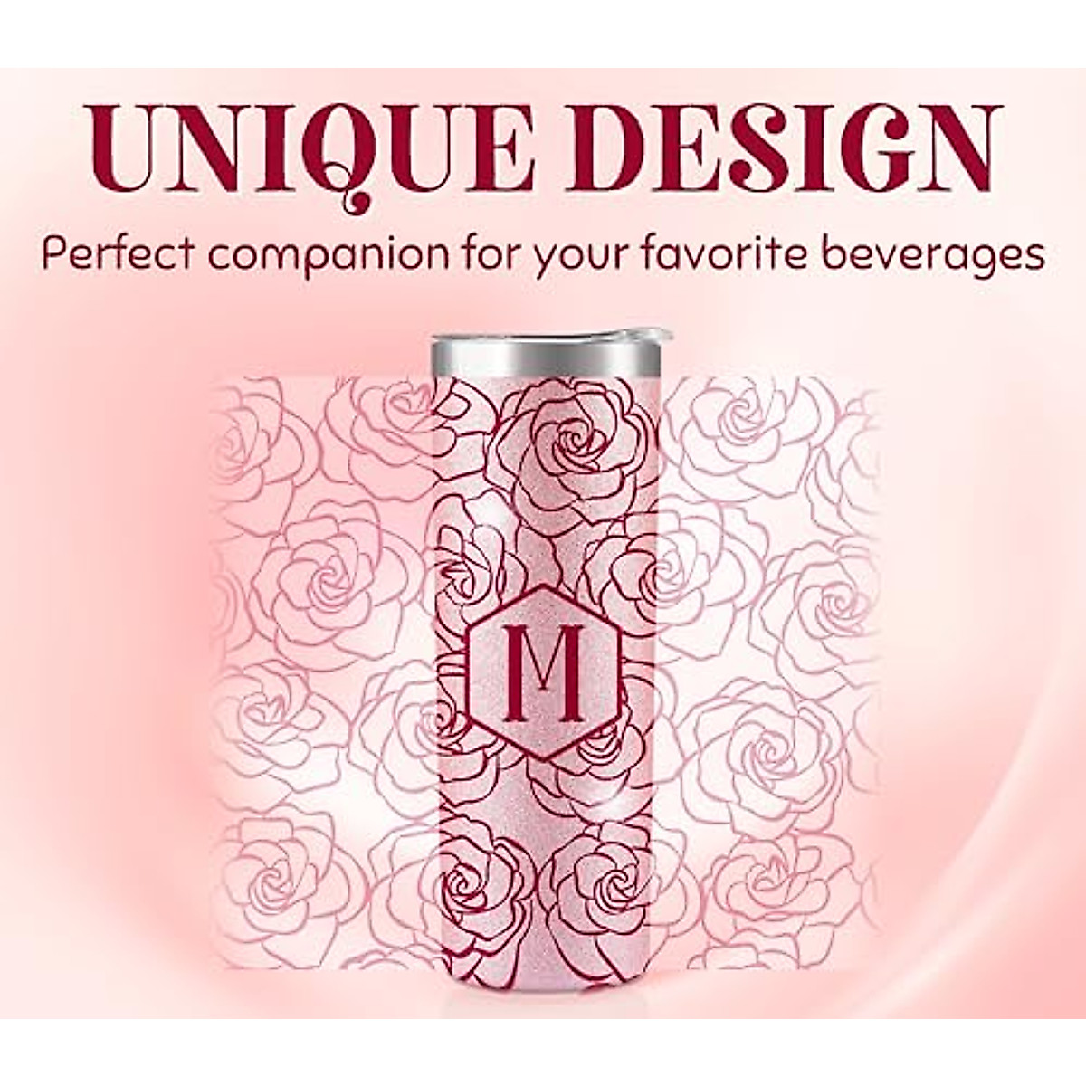 Onebttl Monogrammed Gifts for Women, Personalized Travel Mugs, Unique Coffee Tumbler with Initials for Her on Birthdays Christmas, Rose Gold, D