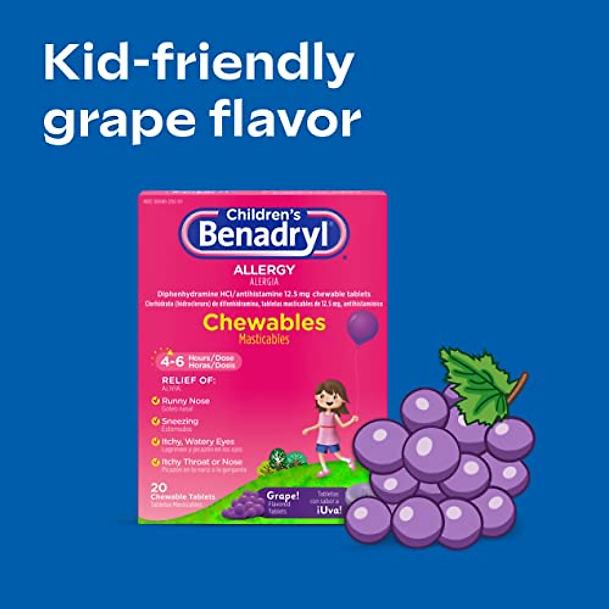 Benadryl Children's Allergy Chewables with Diphenhydramine HCl, Antihistamine Chewable Tablets in Grape Flavor, Three Pack, 3 x 20 ct Each, 60 ct