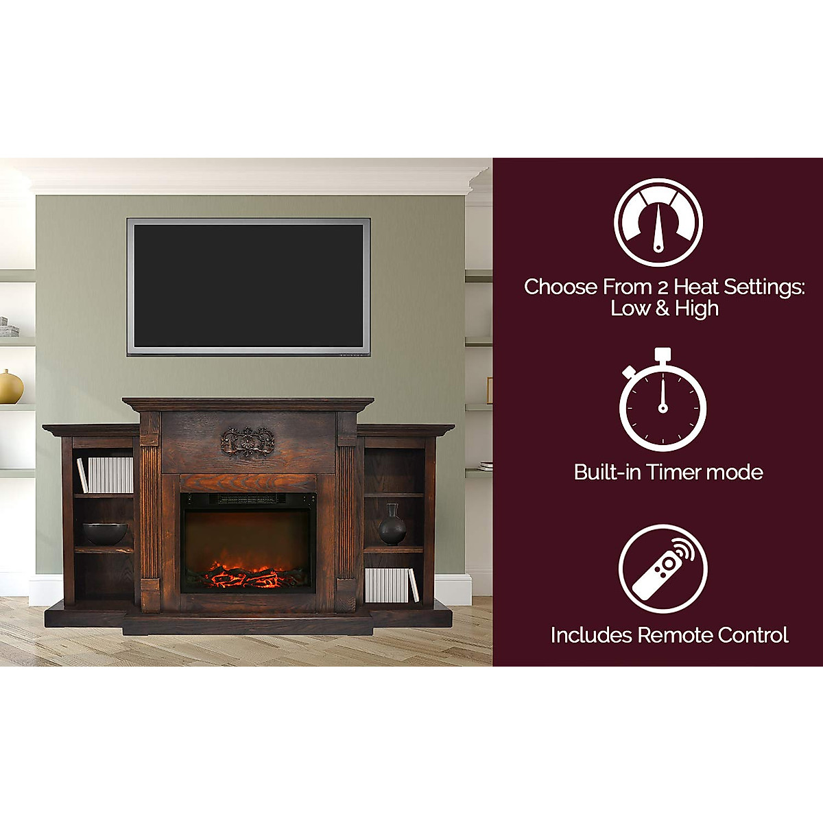 Cambridge 72-Inch Sanoma Electric Fireplace in Walnut with Built-in Bookshelves and a 1500W Charred Log Insert
